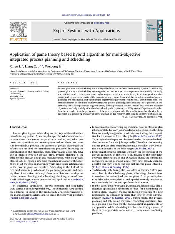 Pdf Application Of Game Theory Based Hybrid Algorithm For Multi Objective Integrated Process