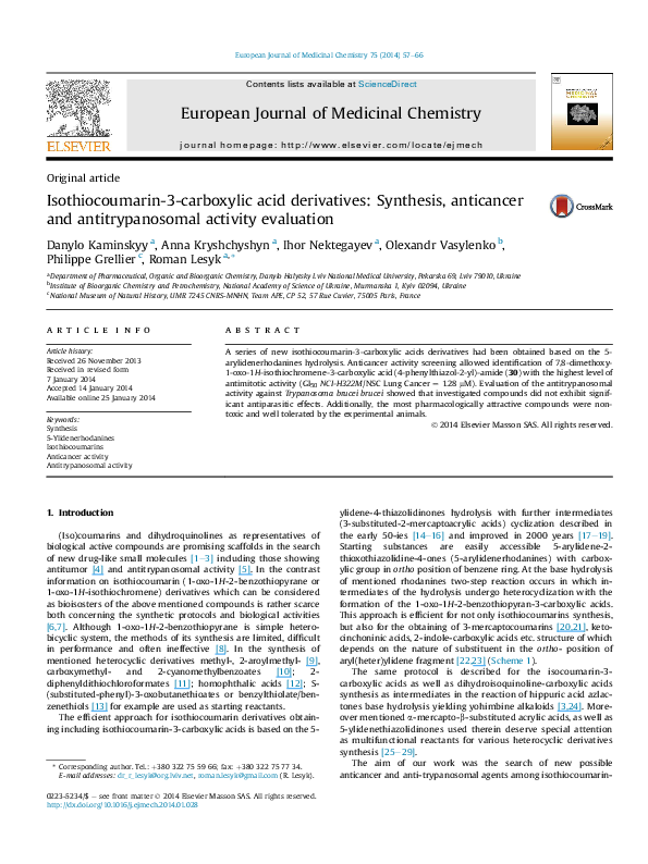 (PDF) Isothiocoumarin-3-carboxylic acid derivatives: Synthesis, anticancer and antitrypanosomal ...