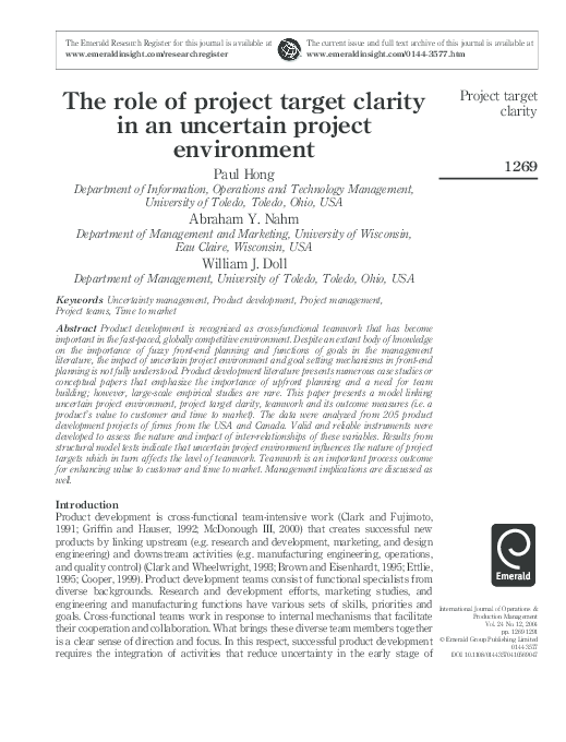 (PDF) The role of project target clarity in an uncertain project ...