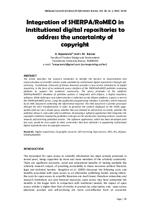 (PDF) Integration of SHERPA/RoMEO in institutional digital repositories ...