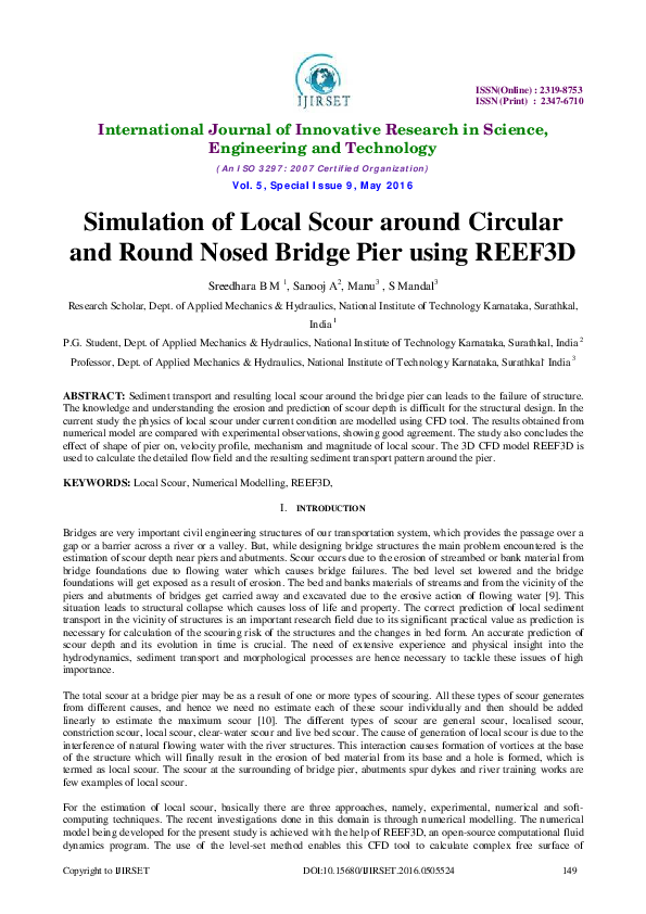 (PDF) Simulation of Local Scour around Circular and Round Nosed Bridge Pier using REEF3D