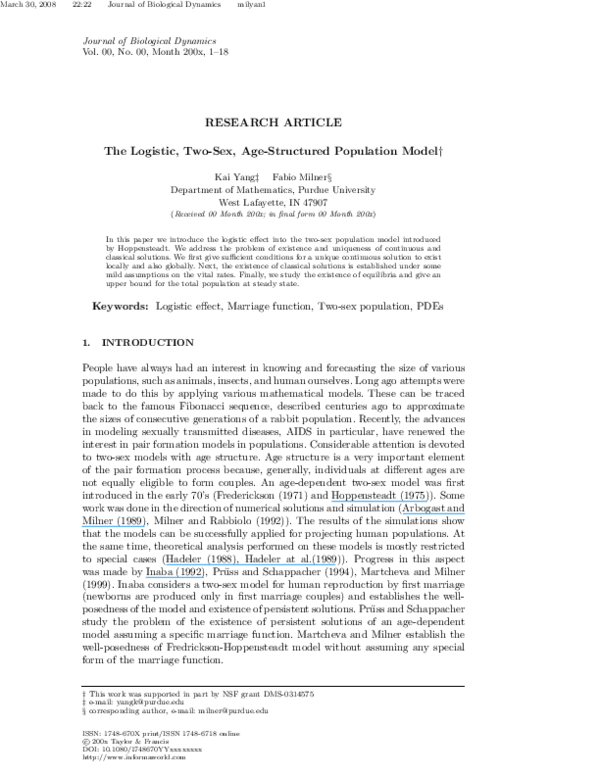 Pdf The Logistic Two Sex Age Structured Population Model