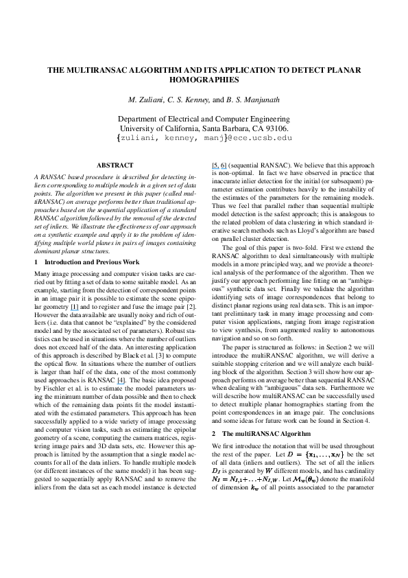 (PDF) The multiRANSAC algorithm and its application to detect planar homographies