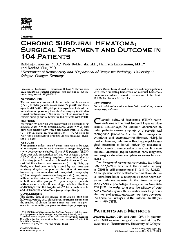 (PDF) Chronic subdural hematoma: Surgical treatment and outcome in 104 ...