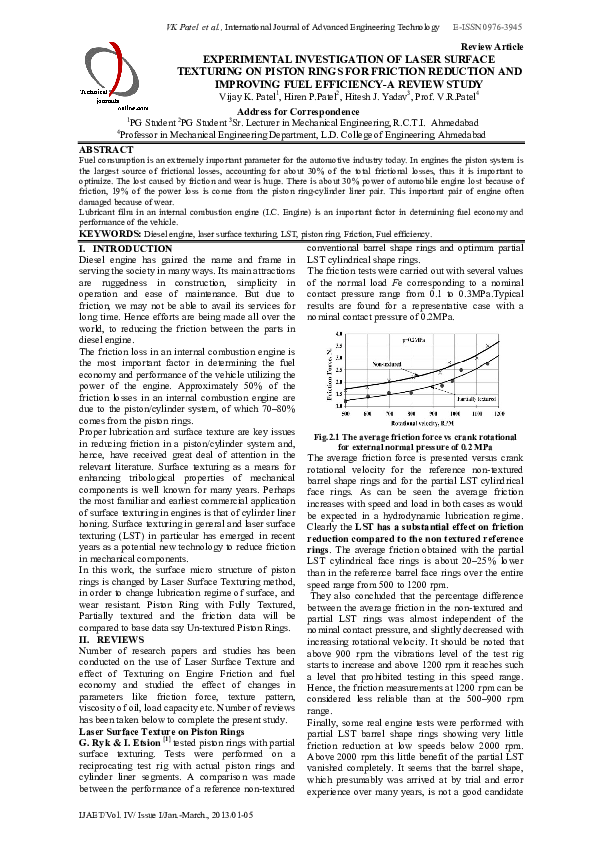 Pdf Experimental Investigation Of Laser Surface Texturing On Piston Rings For Friction