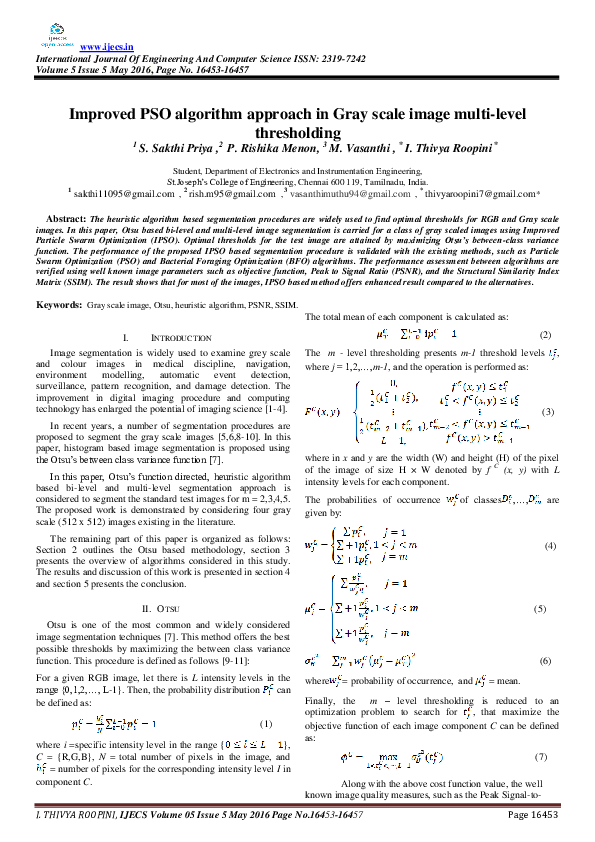 Pdf Improved Pso Algorithm Approach In Gray Scale Image Multi Level