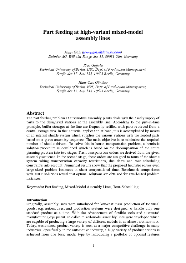 (PDF) Part feeding at high-variant mixed-model assembly lines