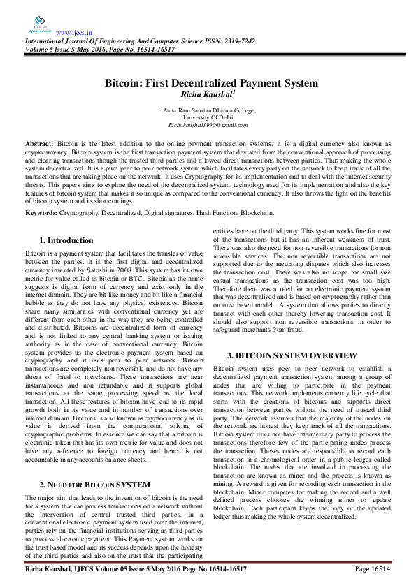 (PDF) Bitcoin: First Decentralized Payment System