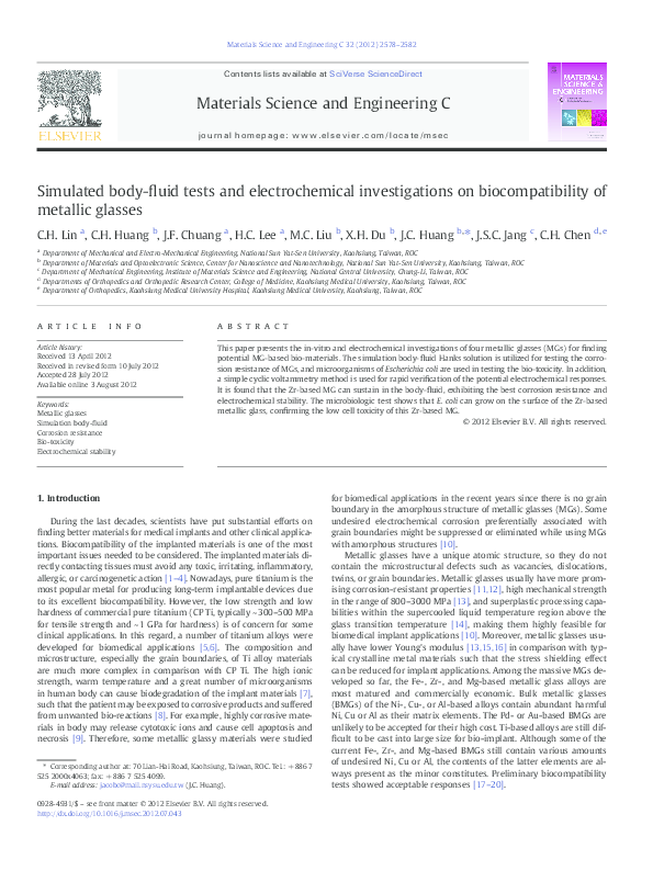 (PDF) Simulated body-fluid tests and electrochemical investigations on ...