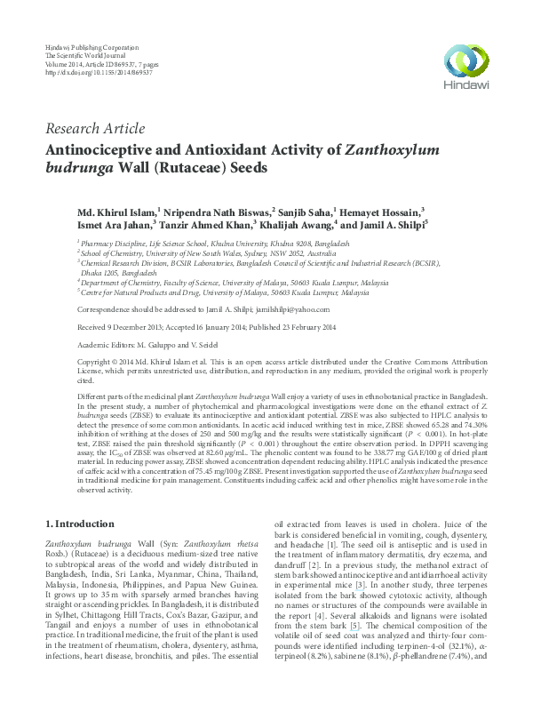 (PDF) Anti-nociceptive and antioxidant activity of Zanthoxylum budrunga ...