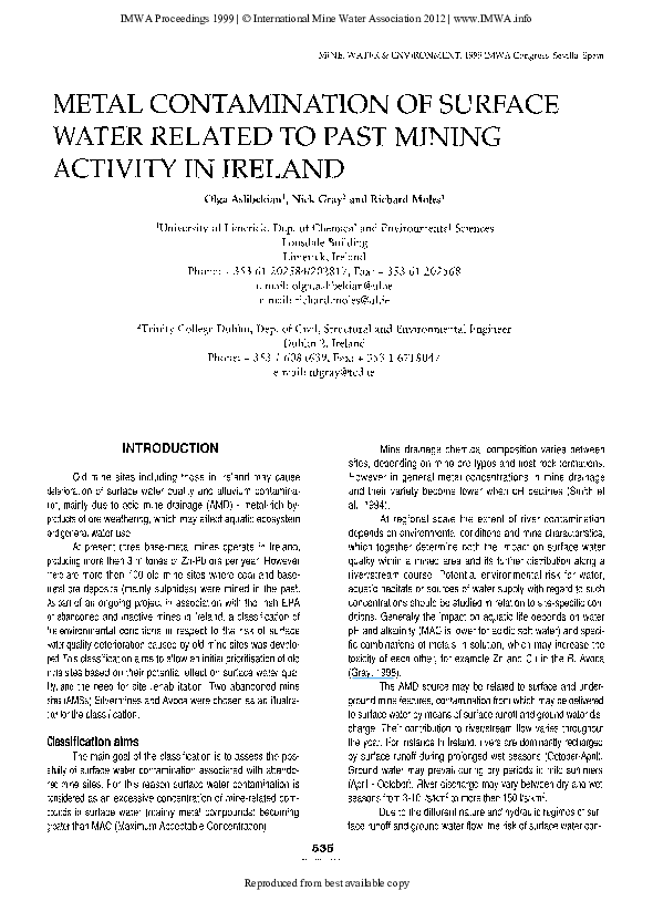 (PDF) Metal Contamination of surface water related to past mining ...