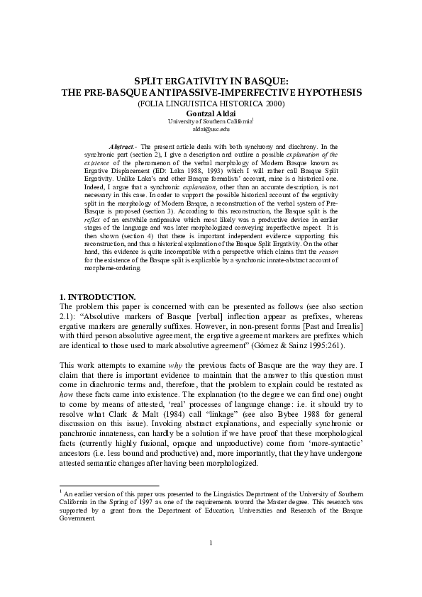 (PDF) Split ergativity in Basque: The pre-Basque antipassive ...