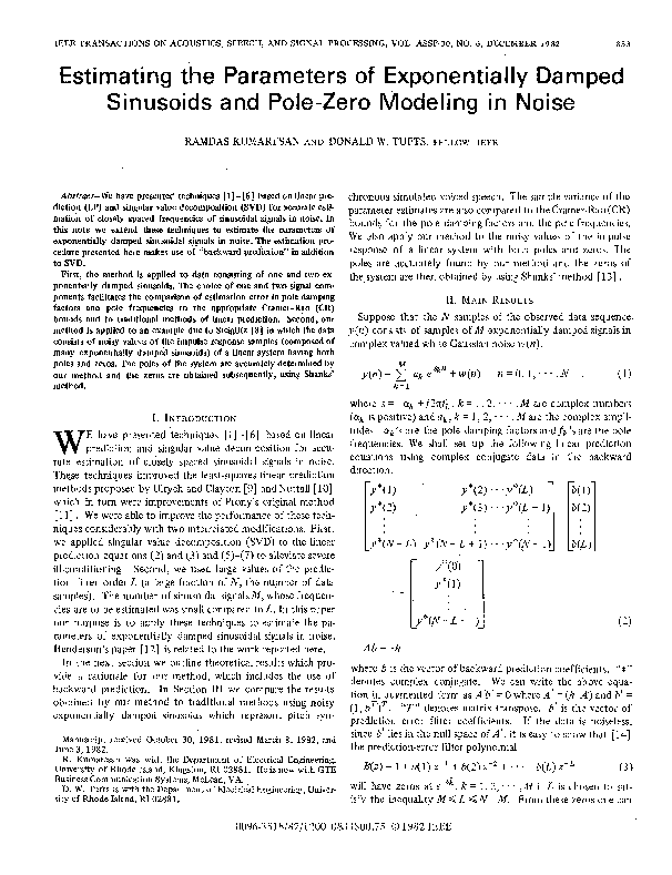 (PDF) Estimating the parameters of exponentially damped/undamped sinusoids in noise: A non ...