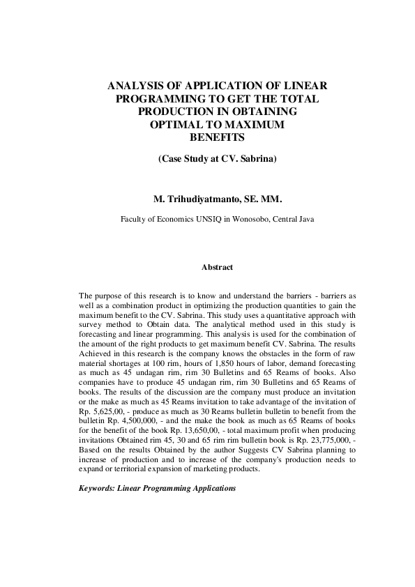 Pdf Analysis Of Application Of Linear Programming To Get The Total Production In Obtaining