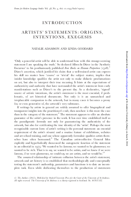 (PDF) Natalie Adamson and Linda Goddard, "Artists' Statements: Origins ...