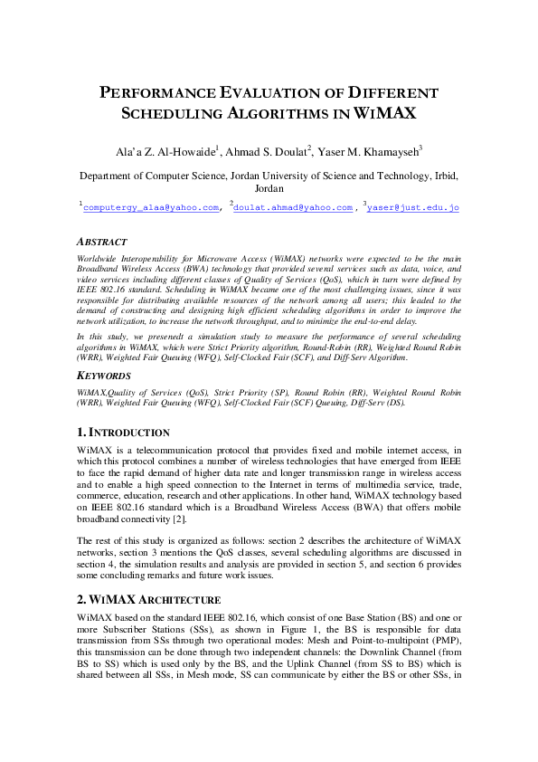 (PDF) Performance Evaluation of Different Scheduling Algorithms in WiMAX