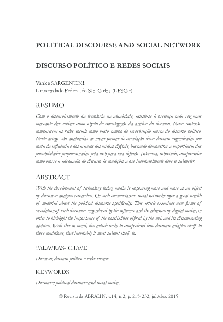 (PDF) POLITICAL DISCOURSE AND SOCIAL NETWORK DISCURSO POLÍTICO E REDES ...