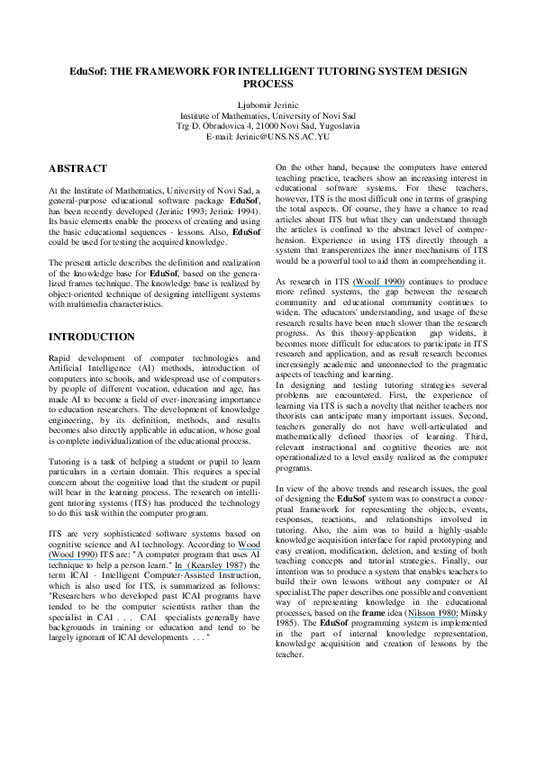 Pdf Edusof The Framework For Intelligent Tutoring System Design Process