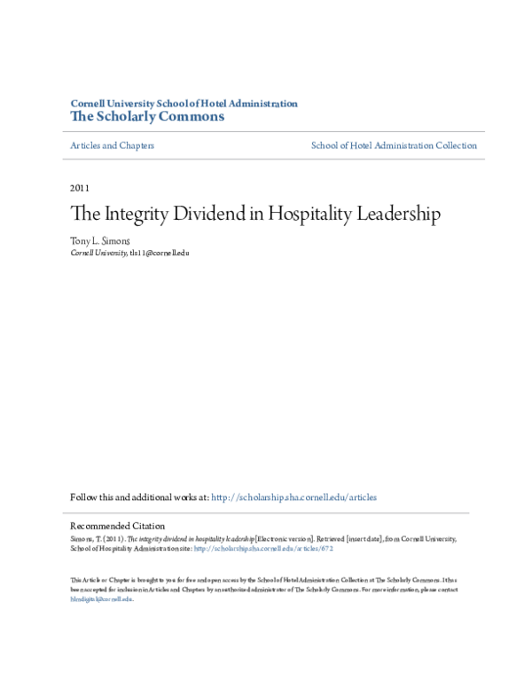 (PDF) The Integrity Dividend in Hospitality Leadership
