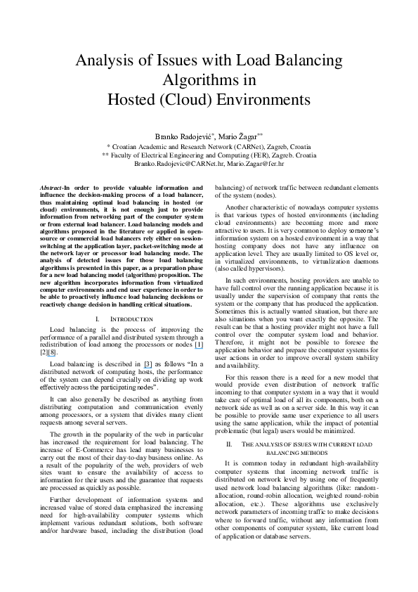 Pdf Analysis Of Issues With Load Balancing Algorithms In Hosted Cloud Environments