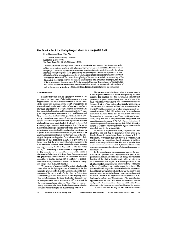 (PDF) The Stark effect for the hydrogen atom in a magnetic field
