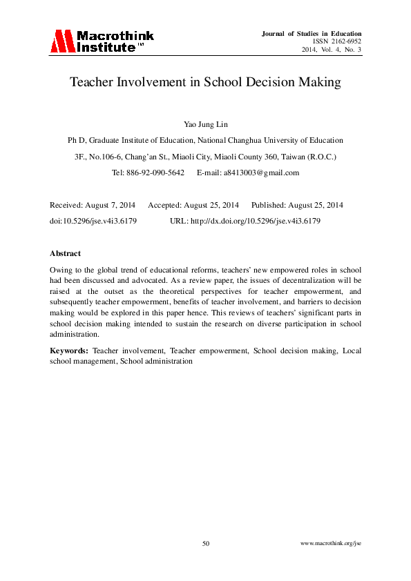 (PDF) Teacher Involvement in School Decision Making
