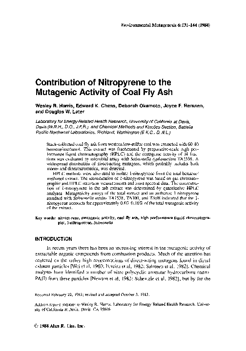 (PDF) Contribution of nitropyrene to the mutagenic activity of coal fly ash