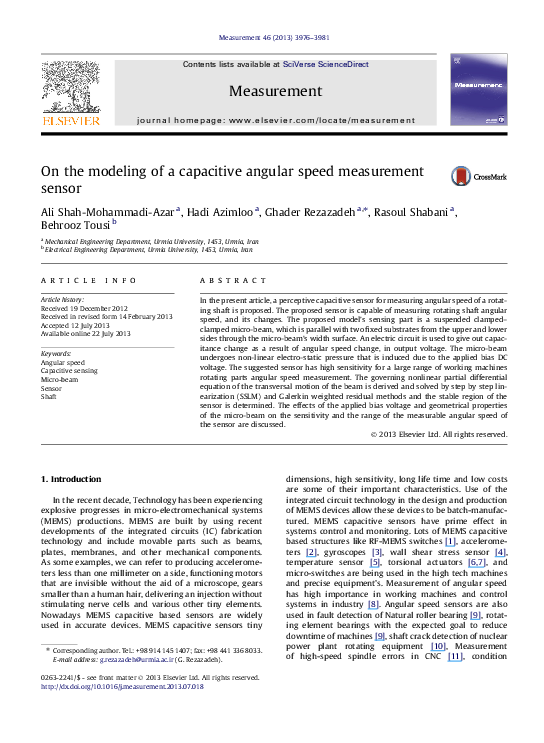 (PDF) On the modeling of a capacitive angular speed measurement sensor