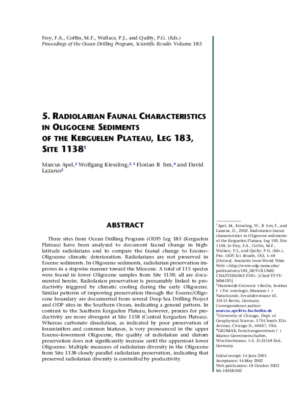 (PDF) Radiolarian faunal characteristics in Oligocene sediments of the Kerguelen Plateau, Leg ...