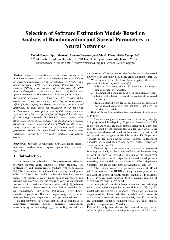 Pdf Selecting Nn Models For Software Estimation