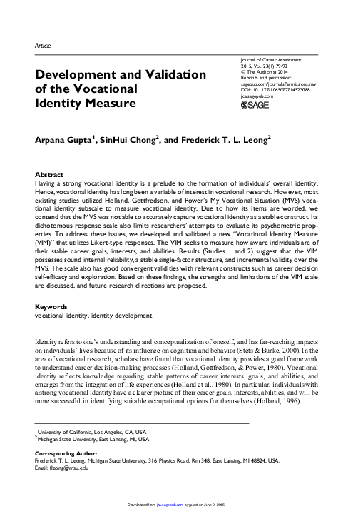 (PDF) Development and Validation of the Vocational Identity Measure