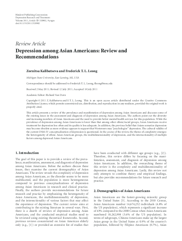 (PDF) Depression among Asian Americans: Review and Recommendations