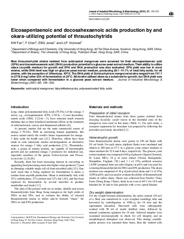 (PDF) Eicosapentaenoic and docosahexaenoic acids production by and okara-utilizing potential of ...