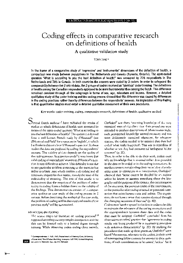 (PDF) Coding effects in comparative research on definitions of health ...