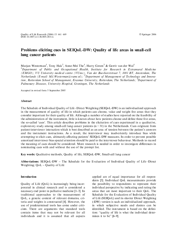 (PDF) Problems Eliciting Cues in SEIQoL-DW: Quality of Life Areas in ...
