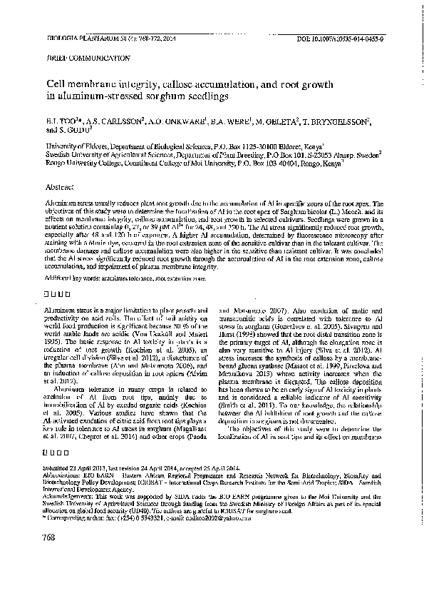 (PDF) Cell membrane integrity, callose accumulation, and root growth in ...