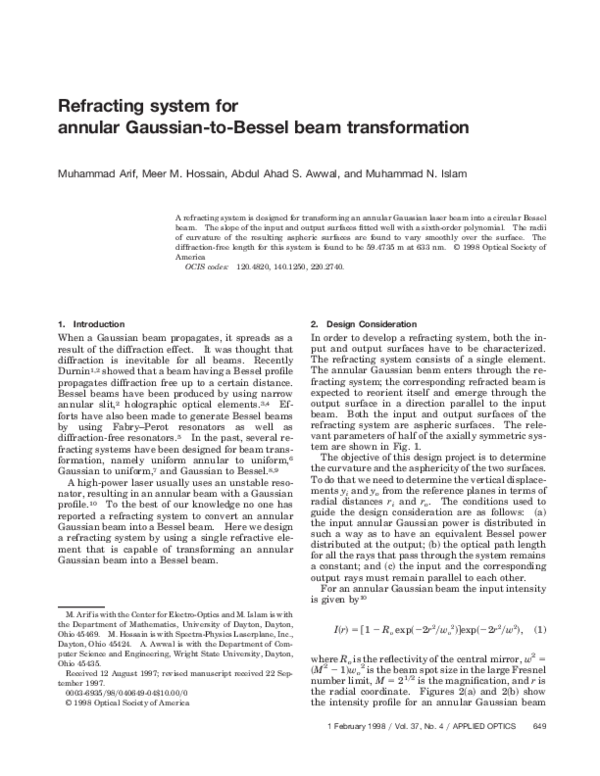 (PDF) Refracting System for Annular Gaussian-to-Bessel Beam Transformation