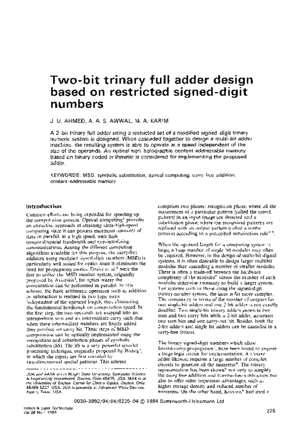 Pdf Two Bit Trinary Full Adder Design Based On Restricted Signed Digit Numbers