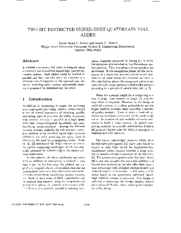 (PDF) Two-bit restricted signed-digit quaternary full adder