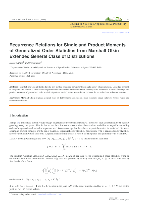 Pdf Recurrence Relations For Single And Product Moments Of Generalized Order Statistics For