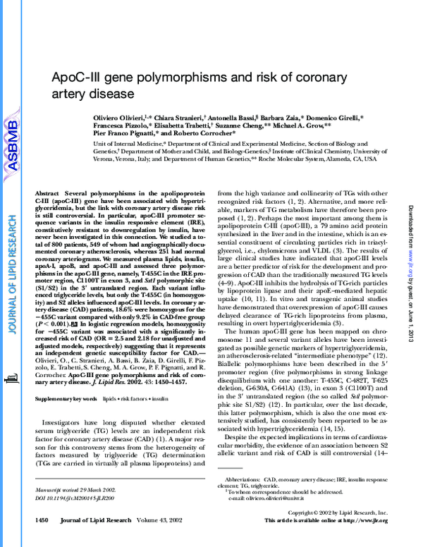(PDF) ApoC-III gene polymorphisms and risk of coronary artery disease