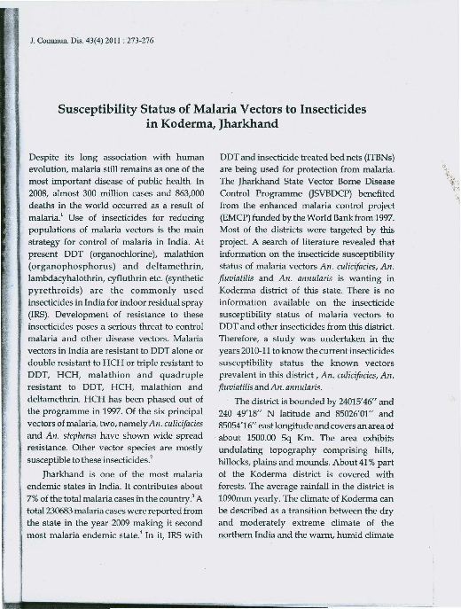 (PDF) Susceptibility status of malaria vectors to insecticides in India