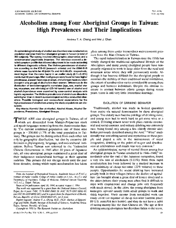 (PDF) Alcoholism among Four Aboriginal Groups in Taiwan: High ...