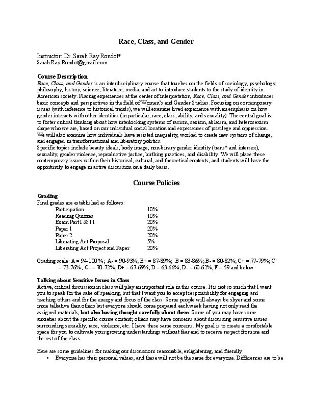 (PDF) Race, Class, and Gender - Syllabus
