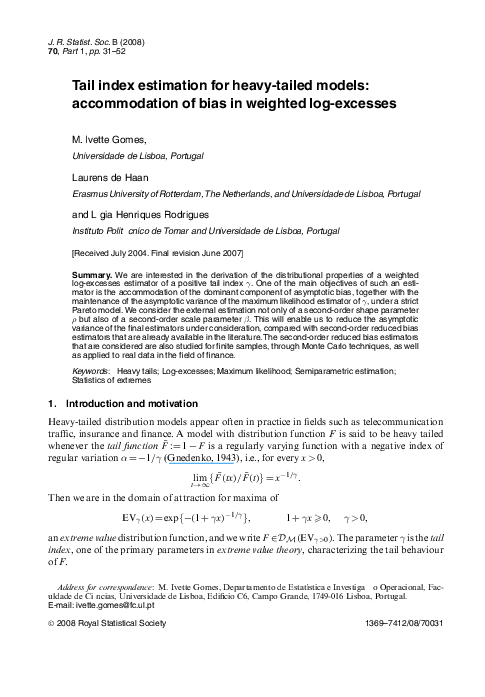 (PDF) Tail index estimation for heavy‐tailed models: accommodation of bias in weighted log‐excesses