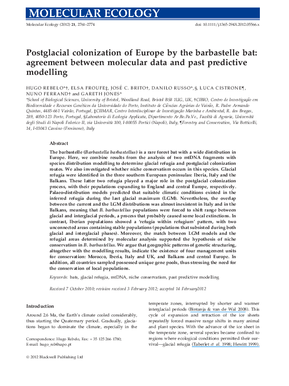 (PDF) Postglacial colonization of Europe by the barbastelle bat: agreement between molecular ...