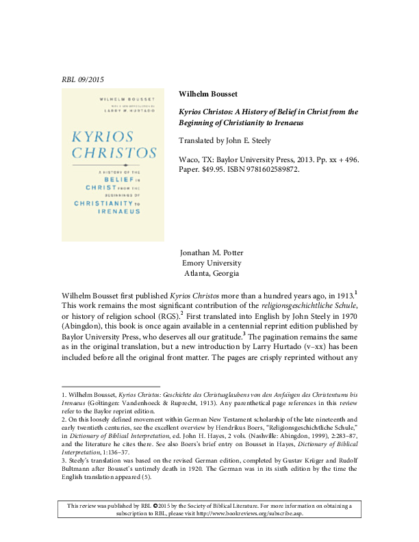 (PDF) Review of Kyrios Christos: A History of Belief in Christ from the ...