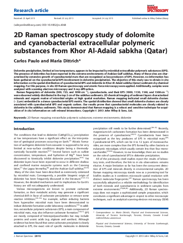 (PDF) 2D Raman spectroscopy study of dolomite and cyanobacterial ...
