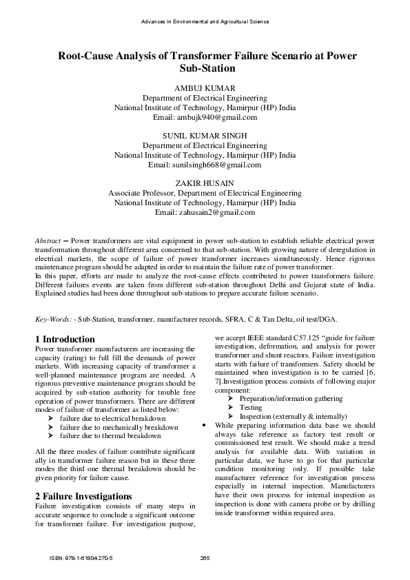 (PDF) Root-Cause Analysis of Transformer Failure Scenario at Power Sub-Station
