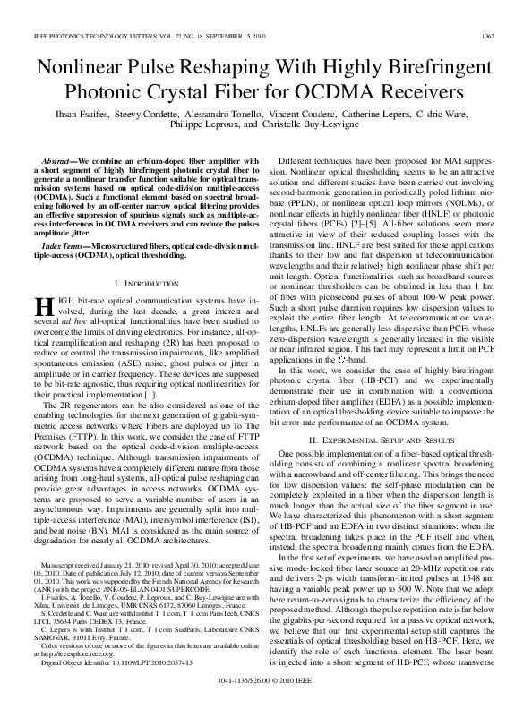 (PDF) Nonlinear Pulse Reshaping With Highly Birefringent Photonic Crystal Fiber for OCDMA Receivers